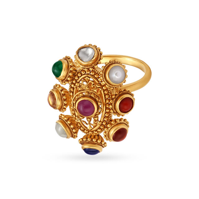 Floral Navaratna Gold Ring
