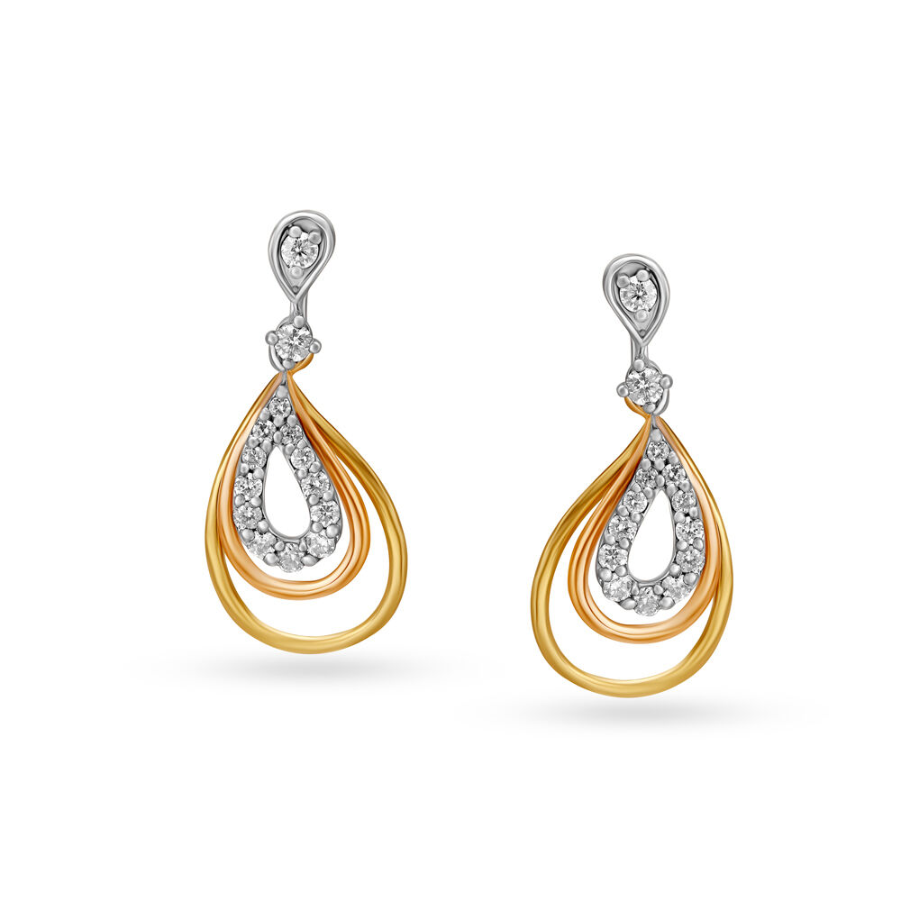 Triple Paisley Yellow White and Rose Gold Drop Earrings with Diamonds