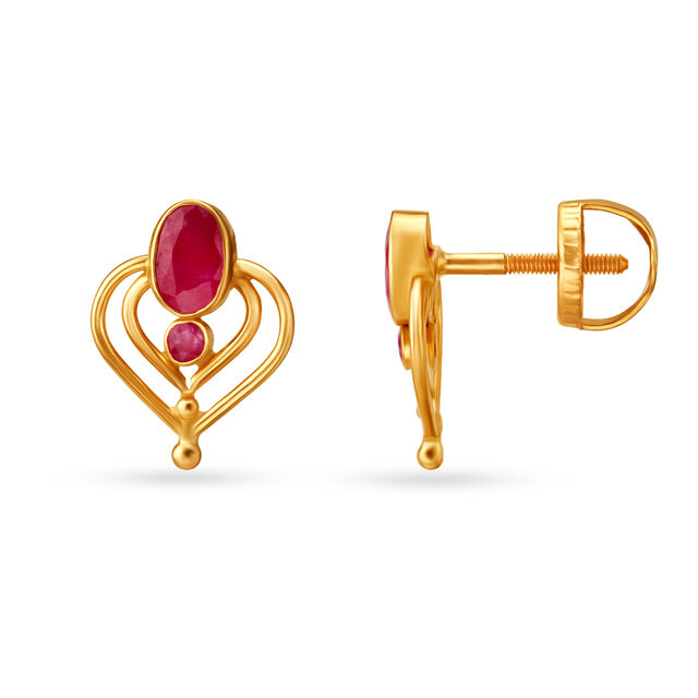 Ruby Heart Motif Gold Stud Earrings