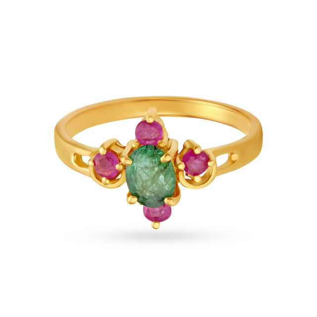 Striking Emerald And Ruby Studded Gold Ring