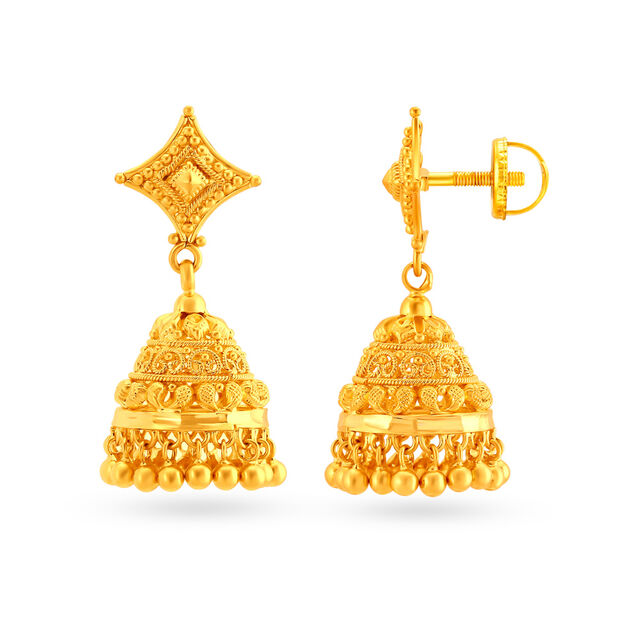 Timeless 22 Karat Yellow Gold Ornamented Square Jhumka Earrings