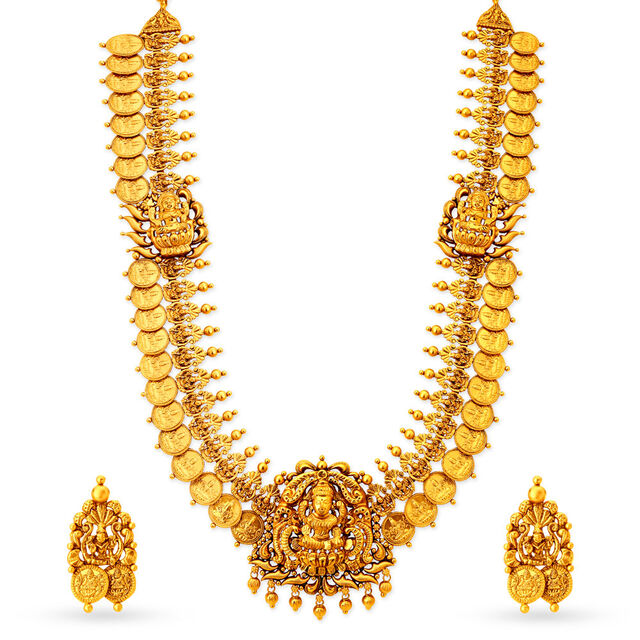 Buy Divine Yellow Gold Carved Deity Necklace and Earrings Set at Best ...