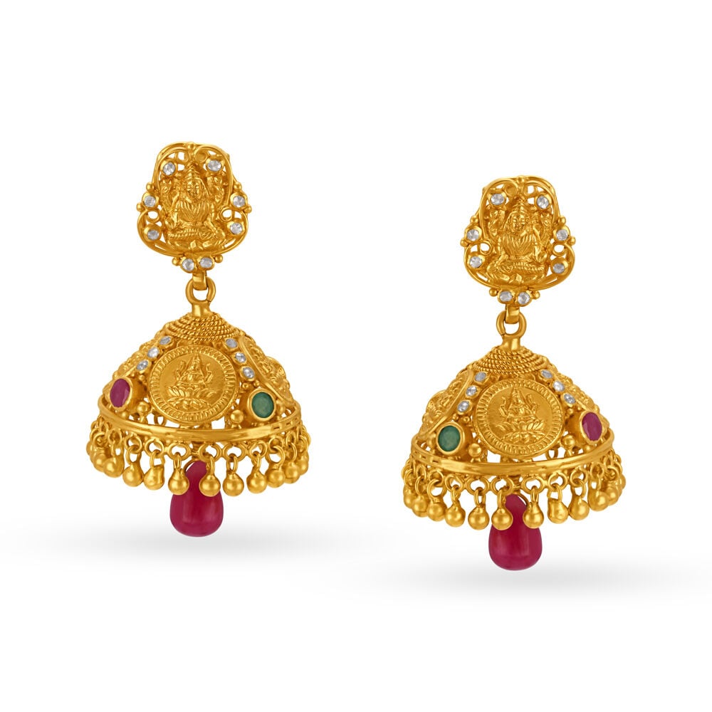 Buy Lakshmi Motif Emerald And Ruby Gold Drop Earrings at Best Price | Tanishq UAE