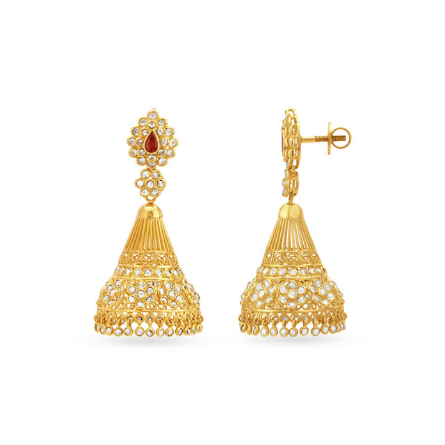 Buy Floral And Leaf Motif Ruby Gold Jhumka Earrings at Best Price ...