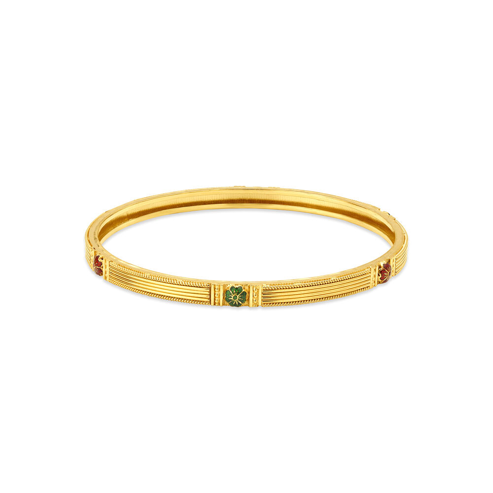 Buy Ardent Yellow Gold Ribbed Floral Bangles at Best Price | Tanishq UAE