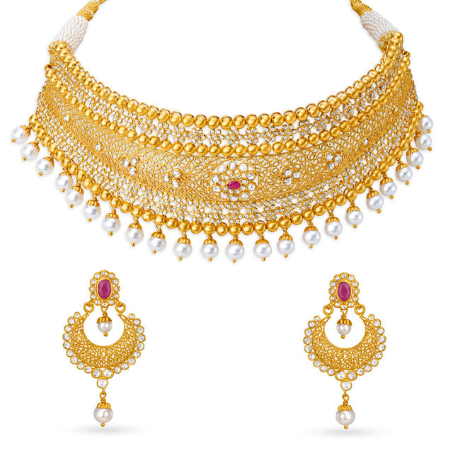 Buy Heavenly Jali Work Gold Necklace Set With Floral Motif Studded With ...