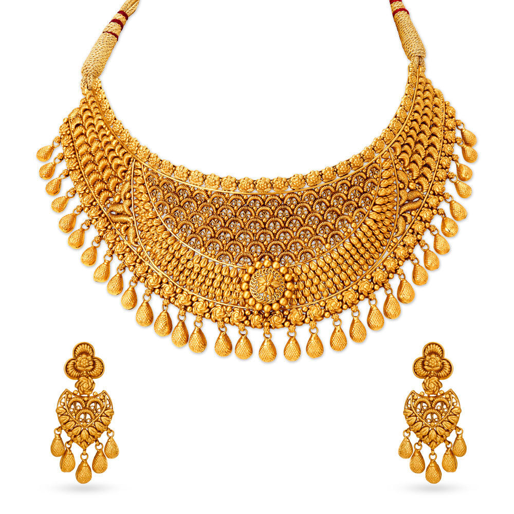 Buy Antediluvian 22 Karat Yellow Gold Scaled Necklace And Earrings Set ...