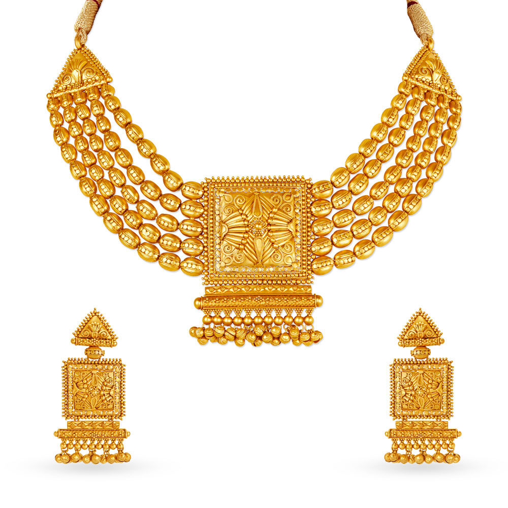 Buy Square Shape Floral Gold Necklace Ser at Best Price | Tanishq UAE