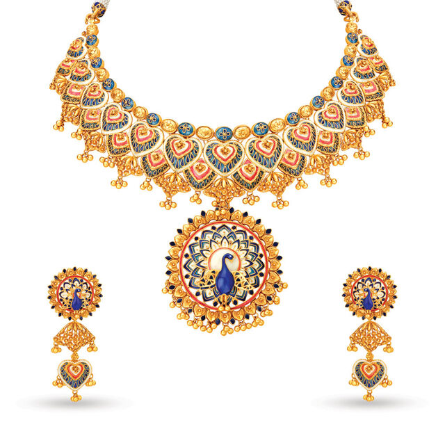 Buy Luxurious Peacock Pattern Gold Necklace Set at Best Price | Tanishq UAE
