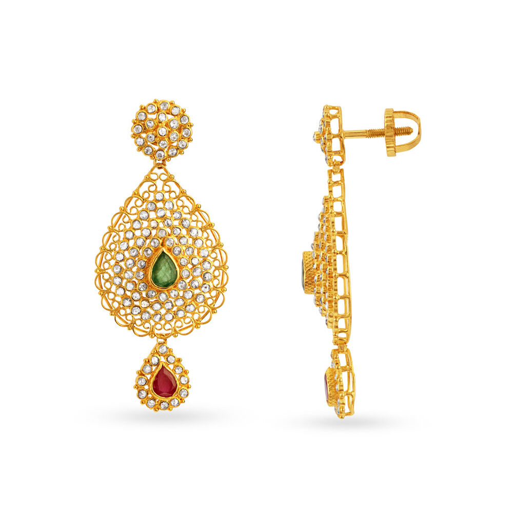 Buy Magnificent Emerald And Ruby Gold Drop Earrings at Best Price | Tanishq UAE