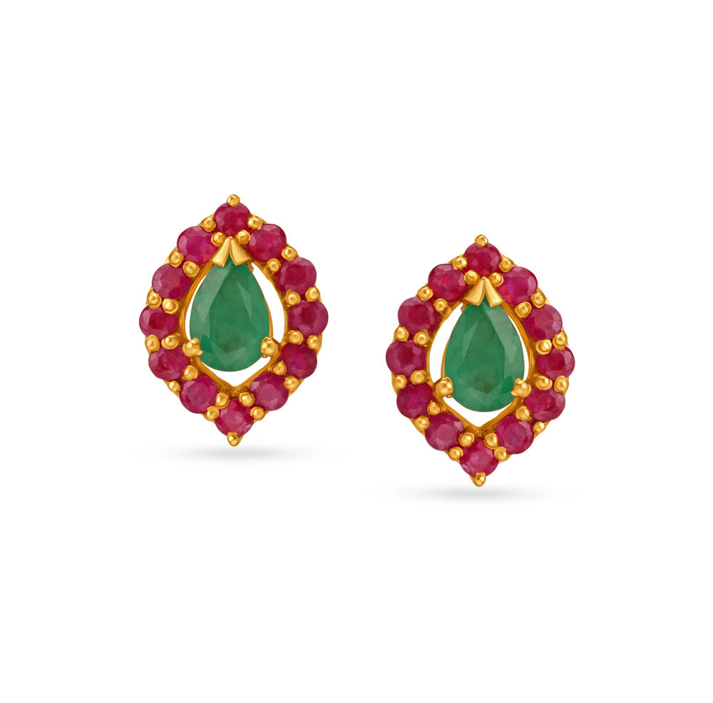 Buy Emerald And Ruby Teardrop Pattern Gold Stud Earrings at Best Price ...