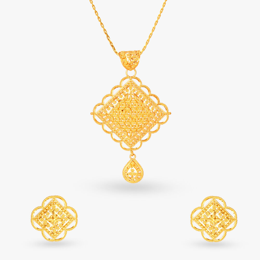 Intriguing Gold Pendant and Earrings Set