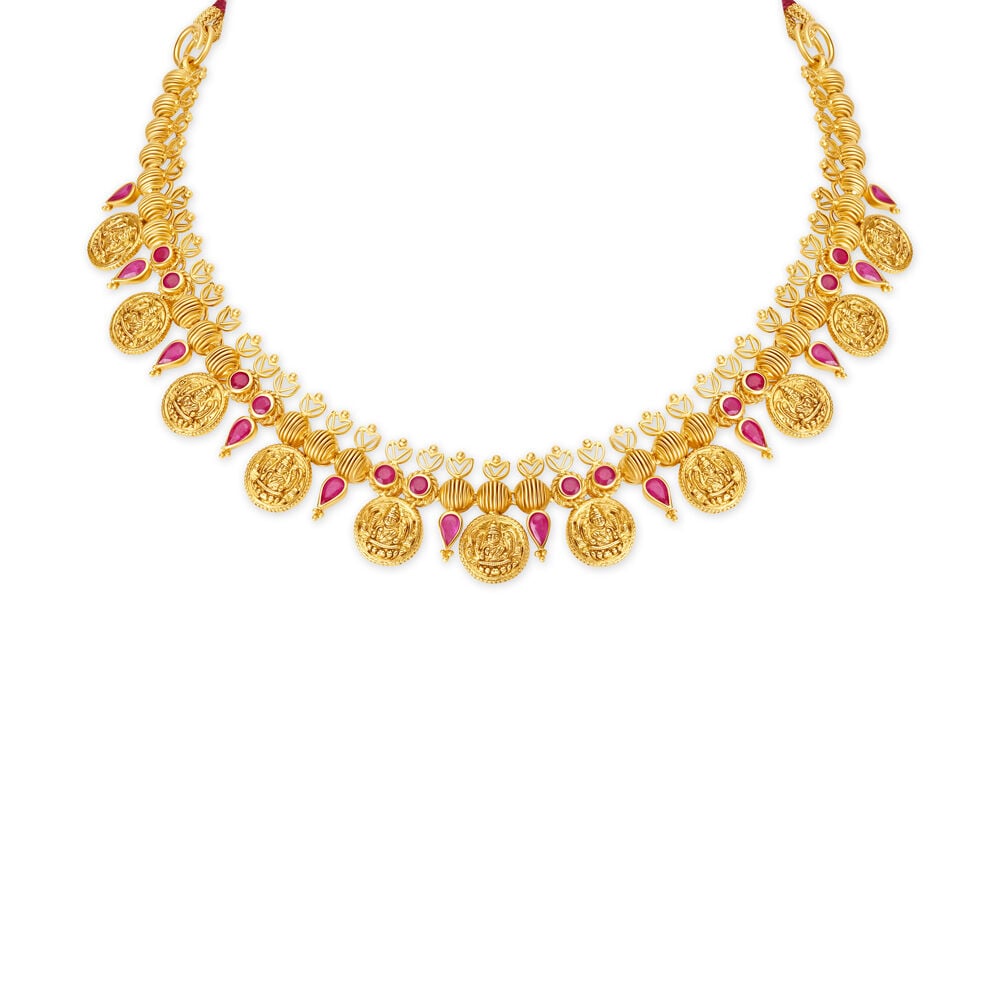 Buy Enchanting Deity Gold Kasu Necklace Set with Rubies at Best Price ...