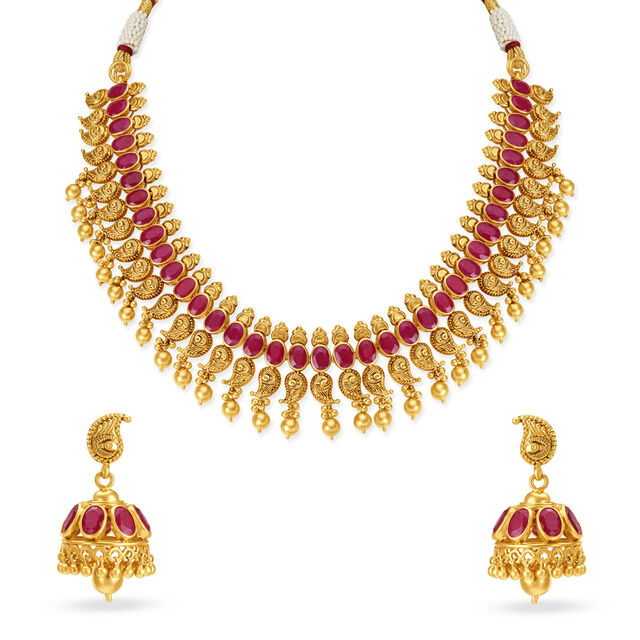 Buy Opulent Gold and Ruby Necklace Set at Best Price | Tanishq US