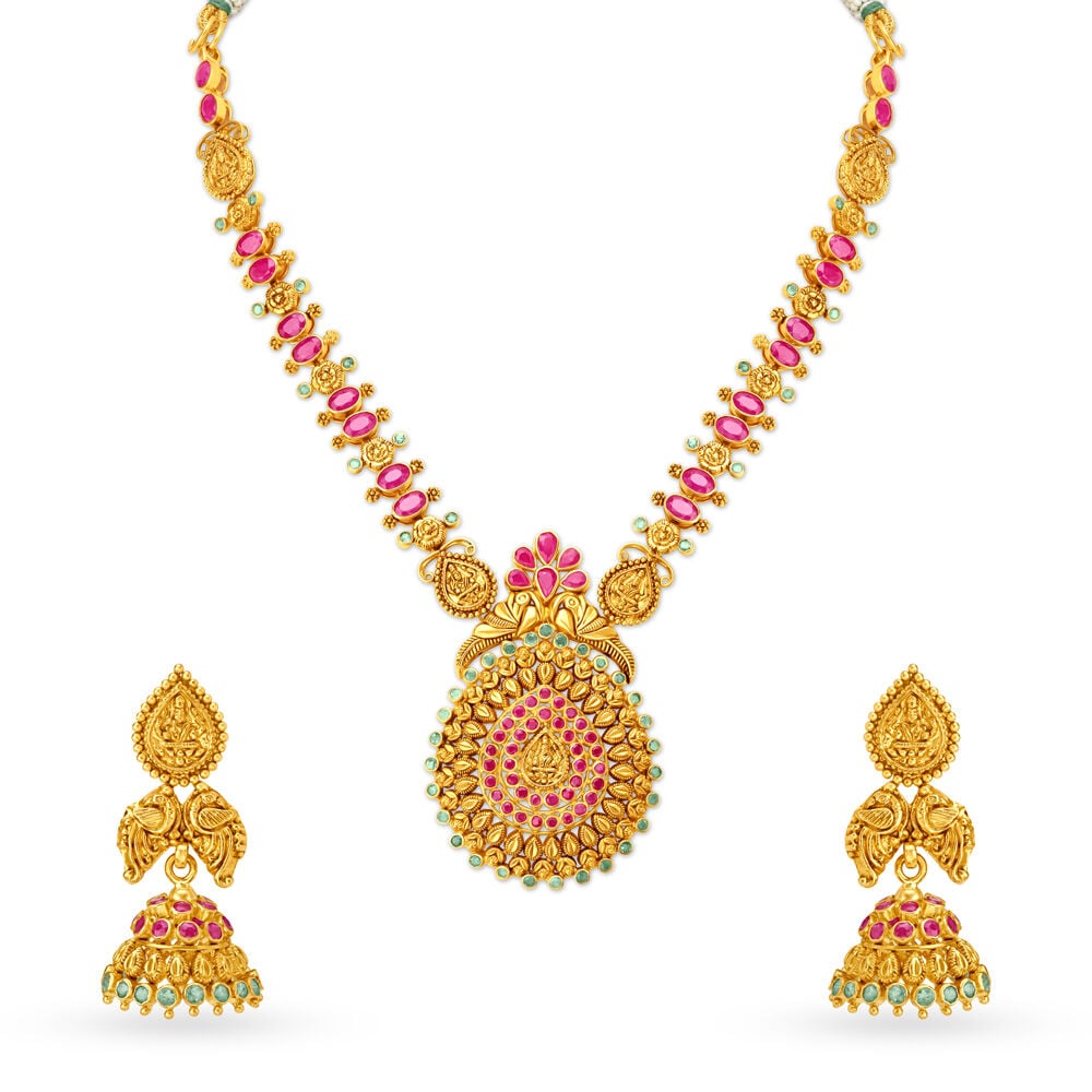 Buy Divine Emerald And Ruby Gold Necklace Set at Best Price | Tanishq US