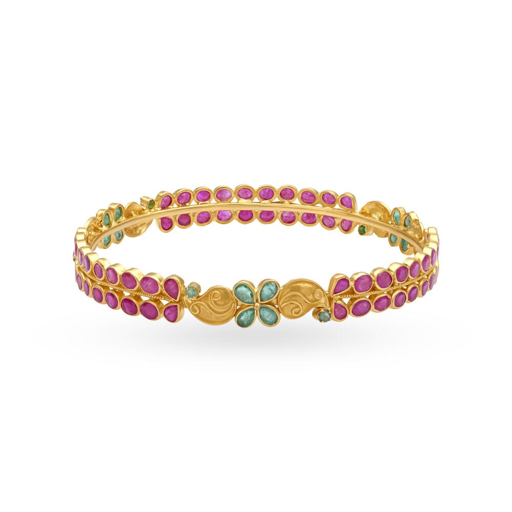 Buy Graceful Emerald and Ruby Gold Bangle at Best Price | Tanishq UAE
