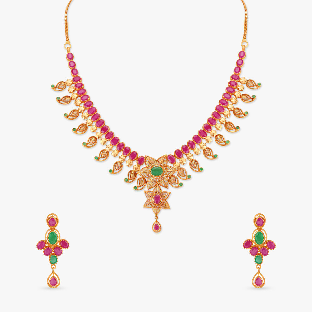 Buy Opulent Emerald and Ruby Necklace Set at Best Price | Tanishq US