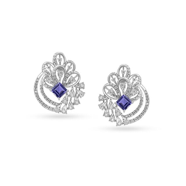 Attractive Cocktail Diamond Stud Earrings With Coloured Stone