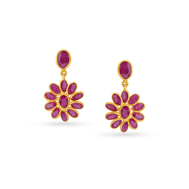 Ruby Floral Gold Drop Earrings