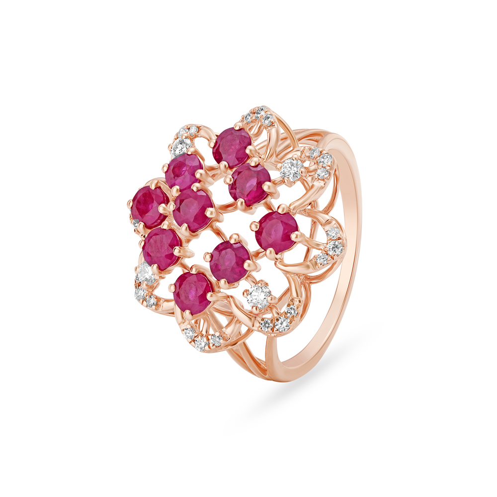 Glamorous Floral Ruby Studded Gold Finger Ring