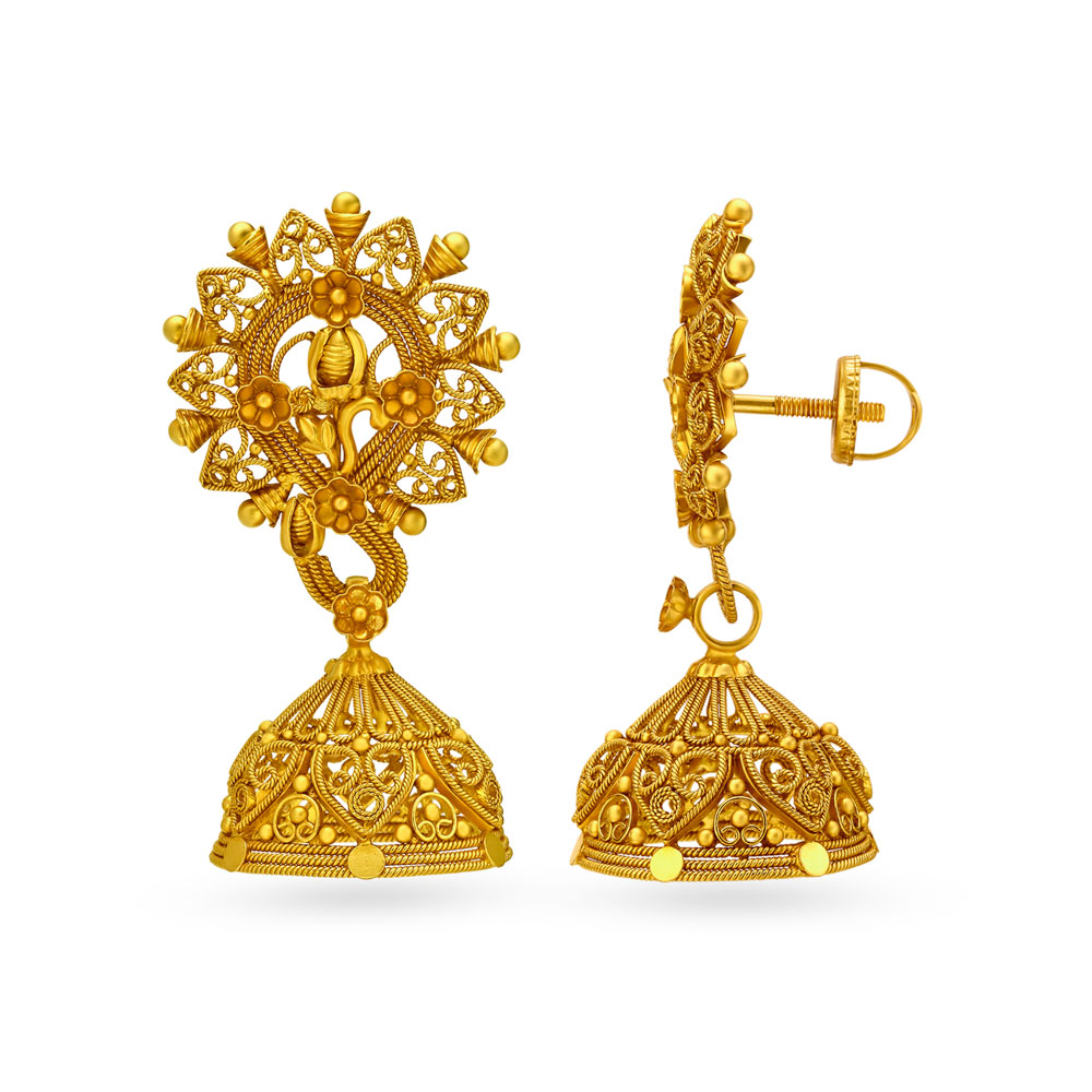 Mesmerizing Antique Traditional Filigree Gold Jhumka Earrings