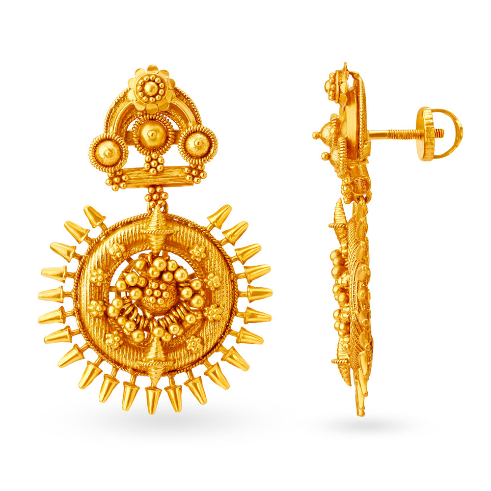 Traditional Yellow Gold Radial Floral Drop Earrings