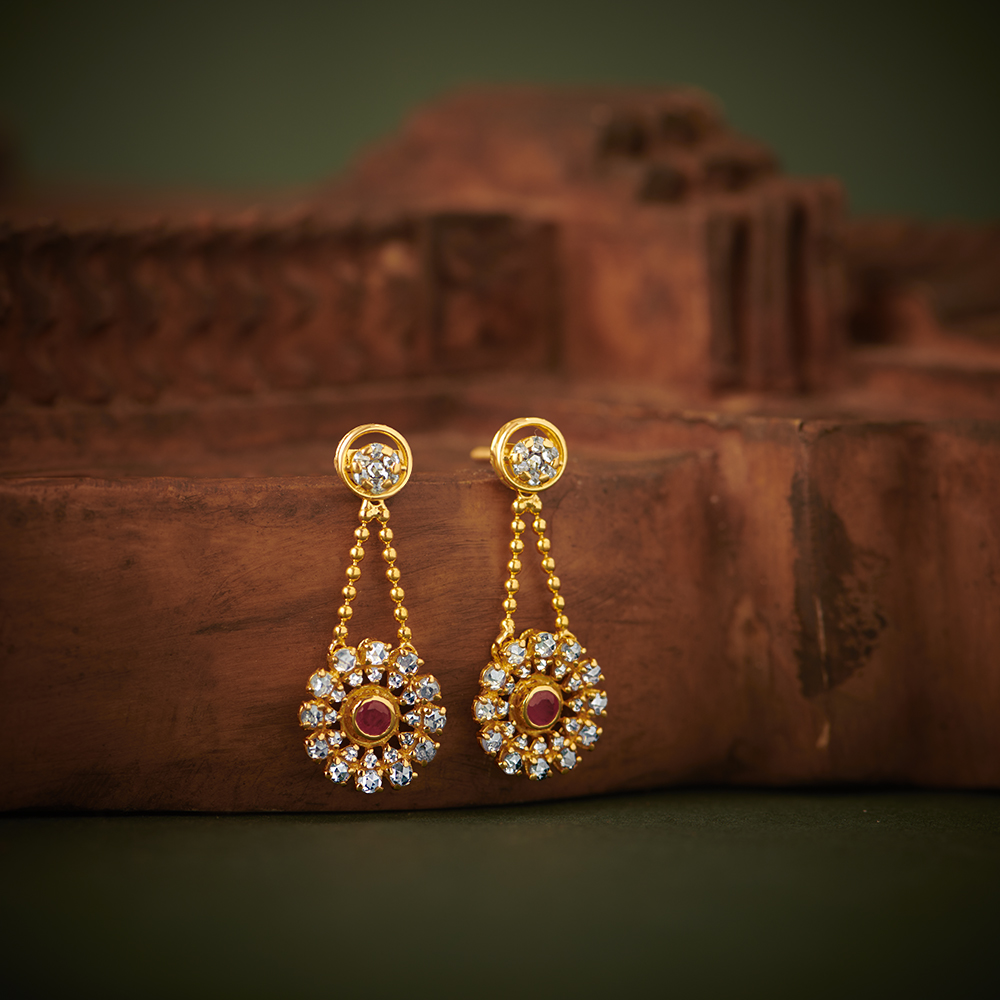 Fiery gold Drop Earrings with Rubies and un-cut diamonds