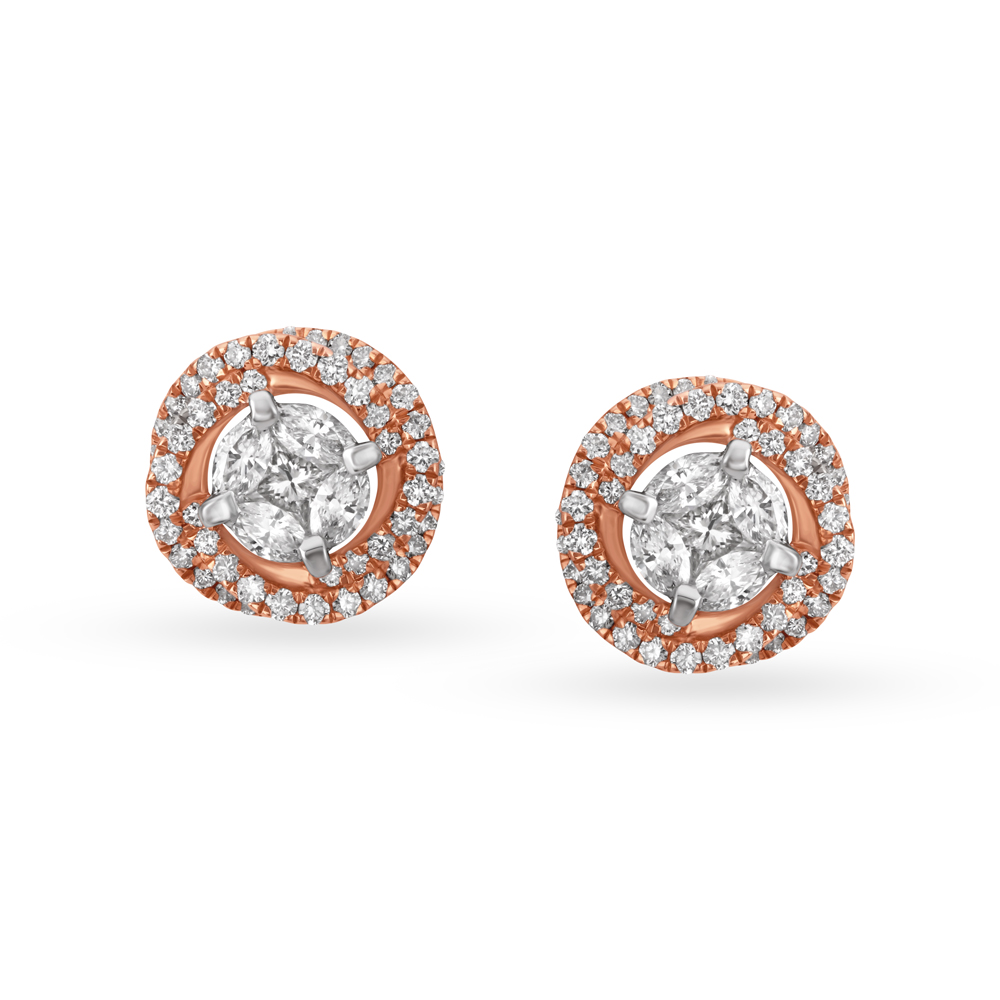 Sparkling Solitaire Look Diamond Stud Earrings in White and Rose Gold