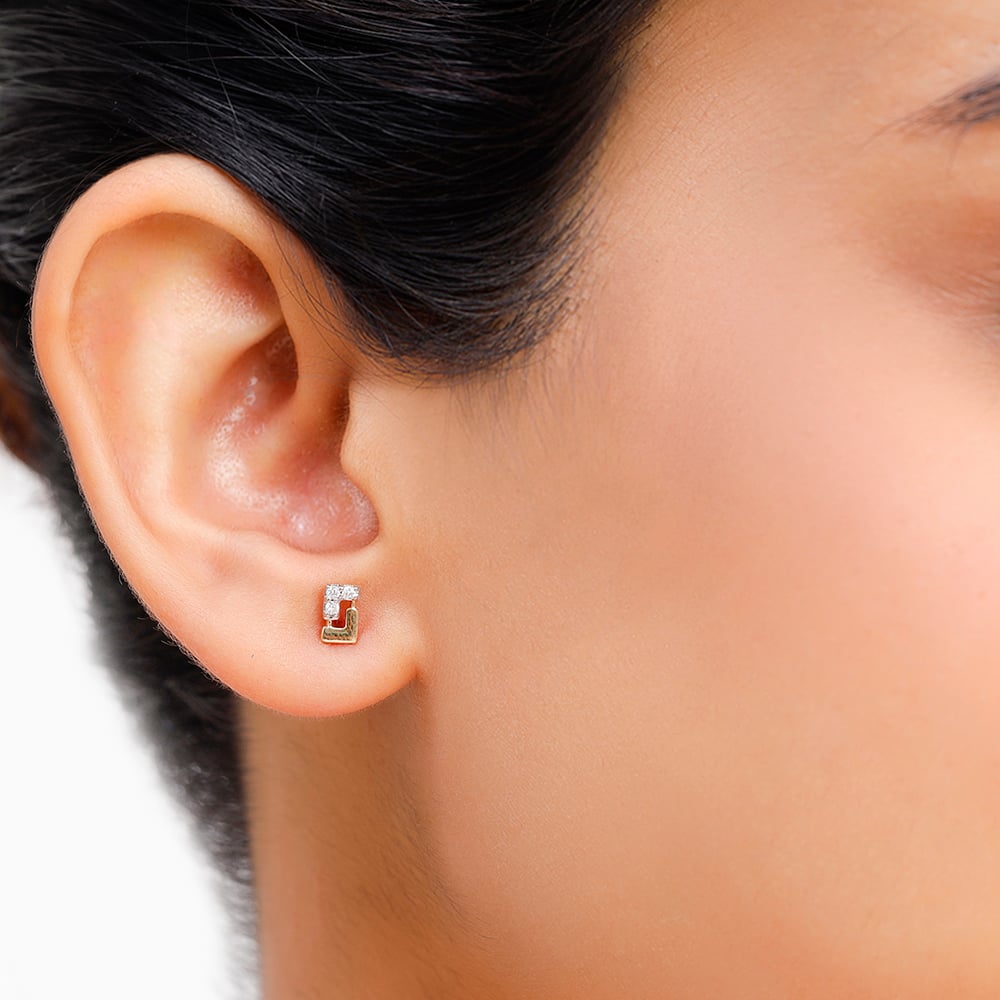 14KT Yellow Gold Radiant Rectangle Diamond Stud Earring