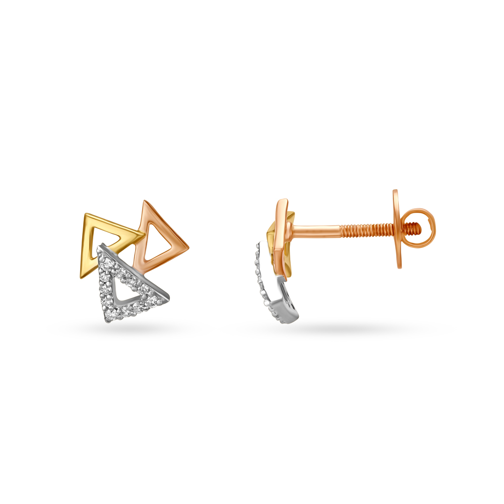 Edgy Triangular Yellow, White and Rose Gold Stud Earrings with Diamonds