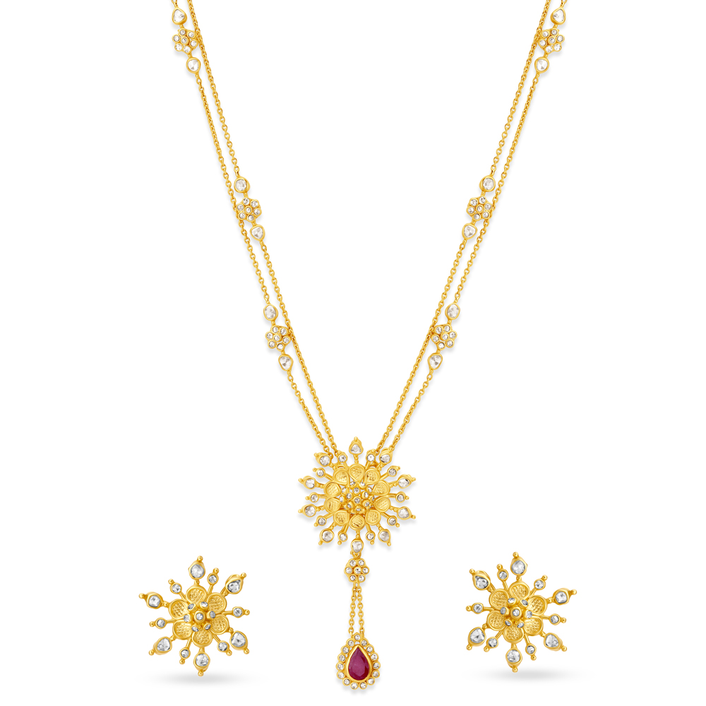 Radiant Floral Ruby Pendant with Chain and Earrings Set