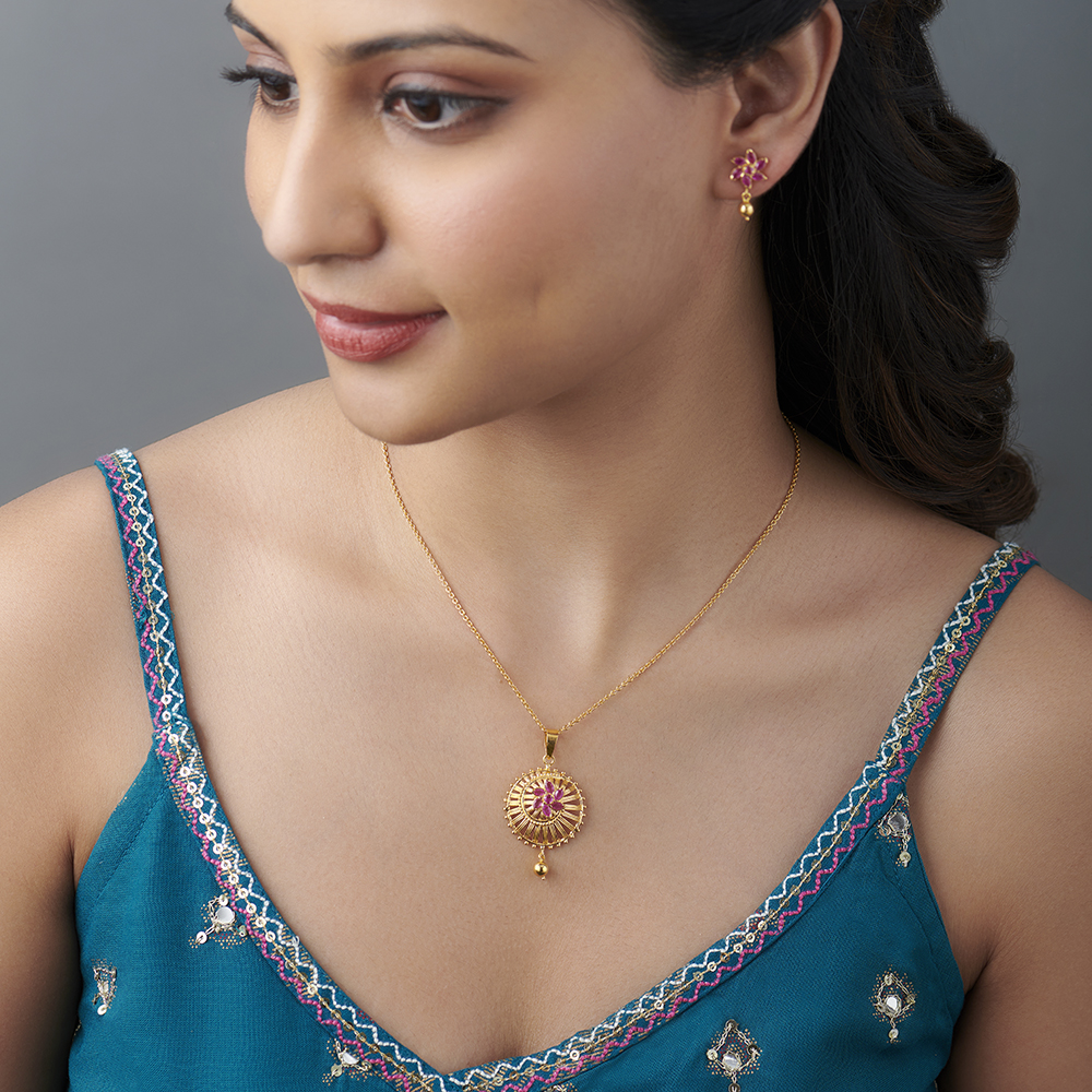 Graceful Spiral Ruby Pendant with Chain and Earrings Set