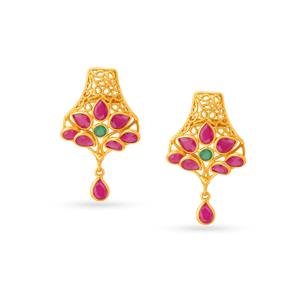 Beguiling Emerald And Ruby Gold Drop Earrings