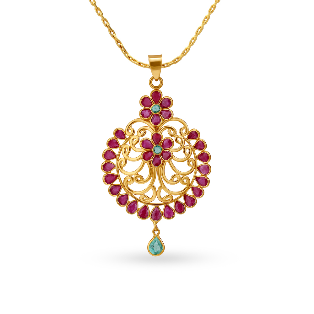 Emerald Ruby Studded Floral Motif Gold Pendant