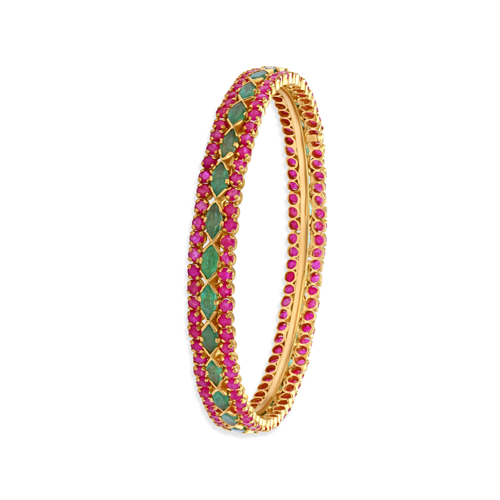 Exemplary Emerald and Ruby Gold Bangle