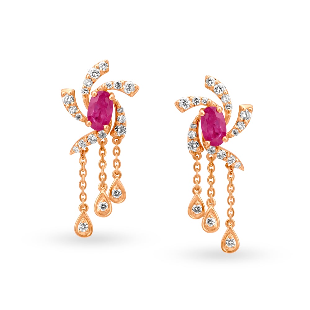 Sublime Floral Diamond Drop Earrings with Rubies in Rose Gold
