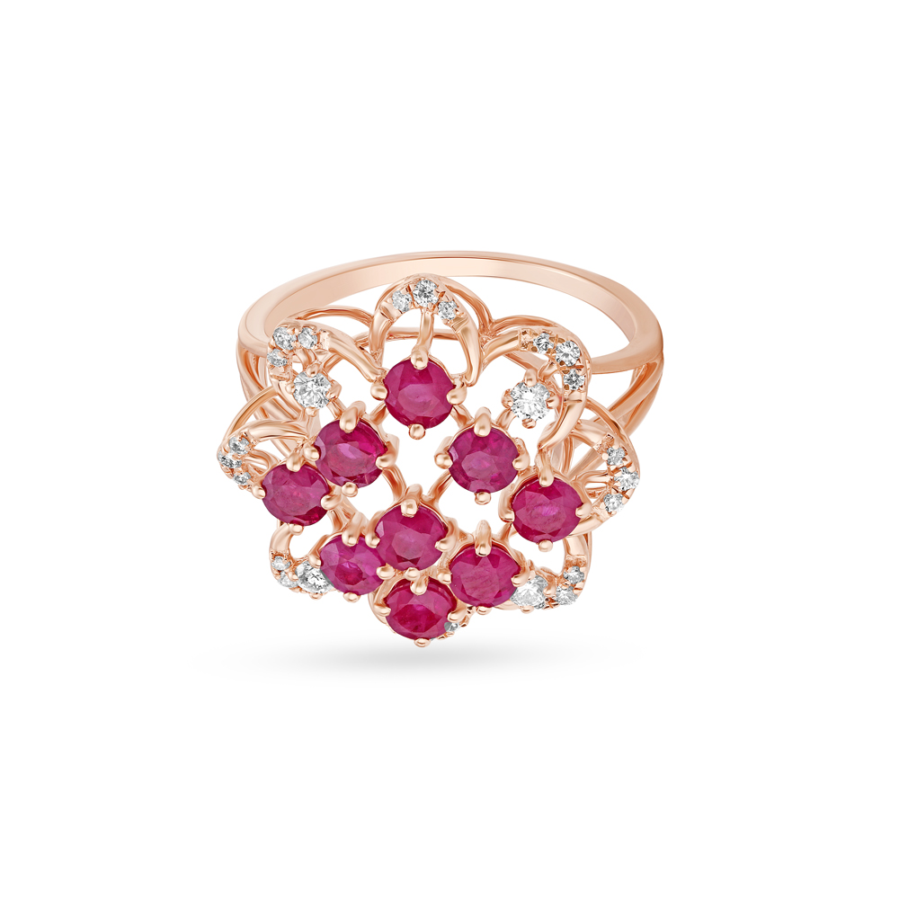 Glamorous Floral Ruby Studded Gold Finger Ring