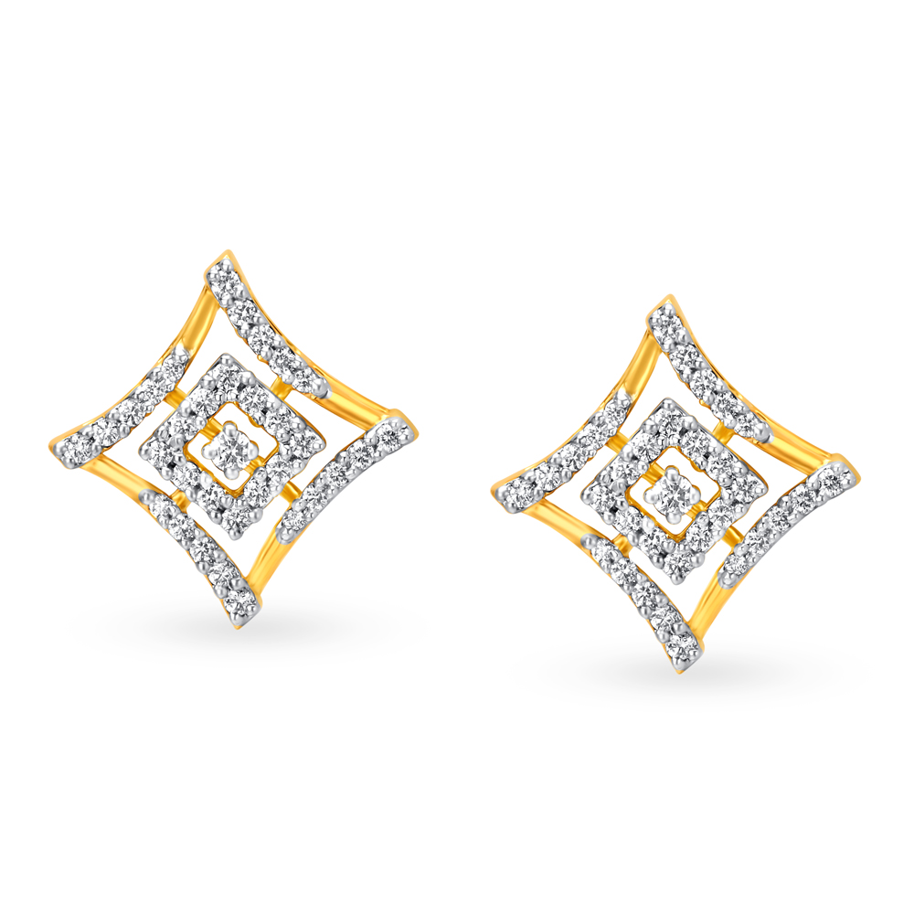 Classy 18 Karat Yellow Gold And Diamond Rhomboid Studs