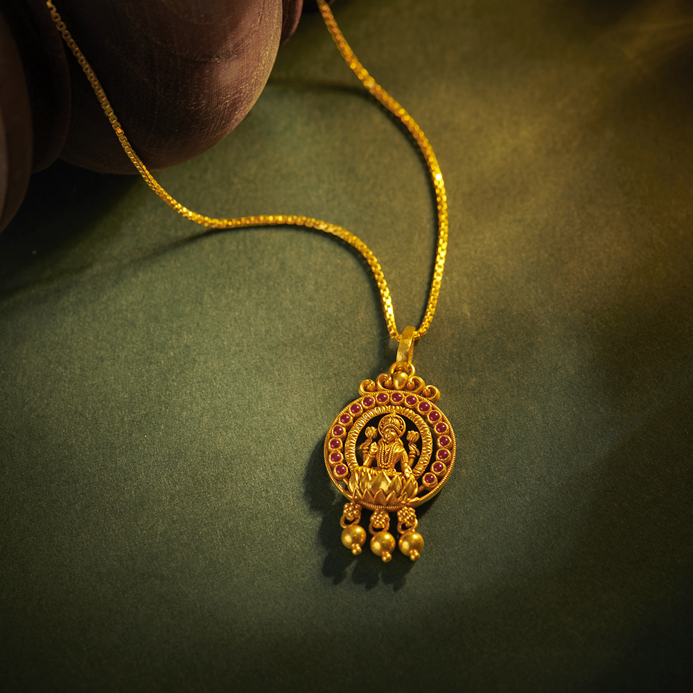 Circular Goddess Laxmi Gold Pendant
