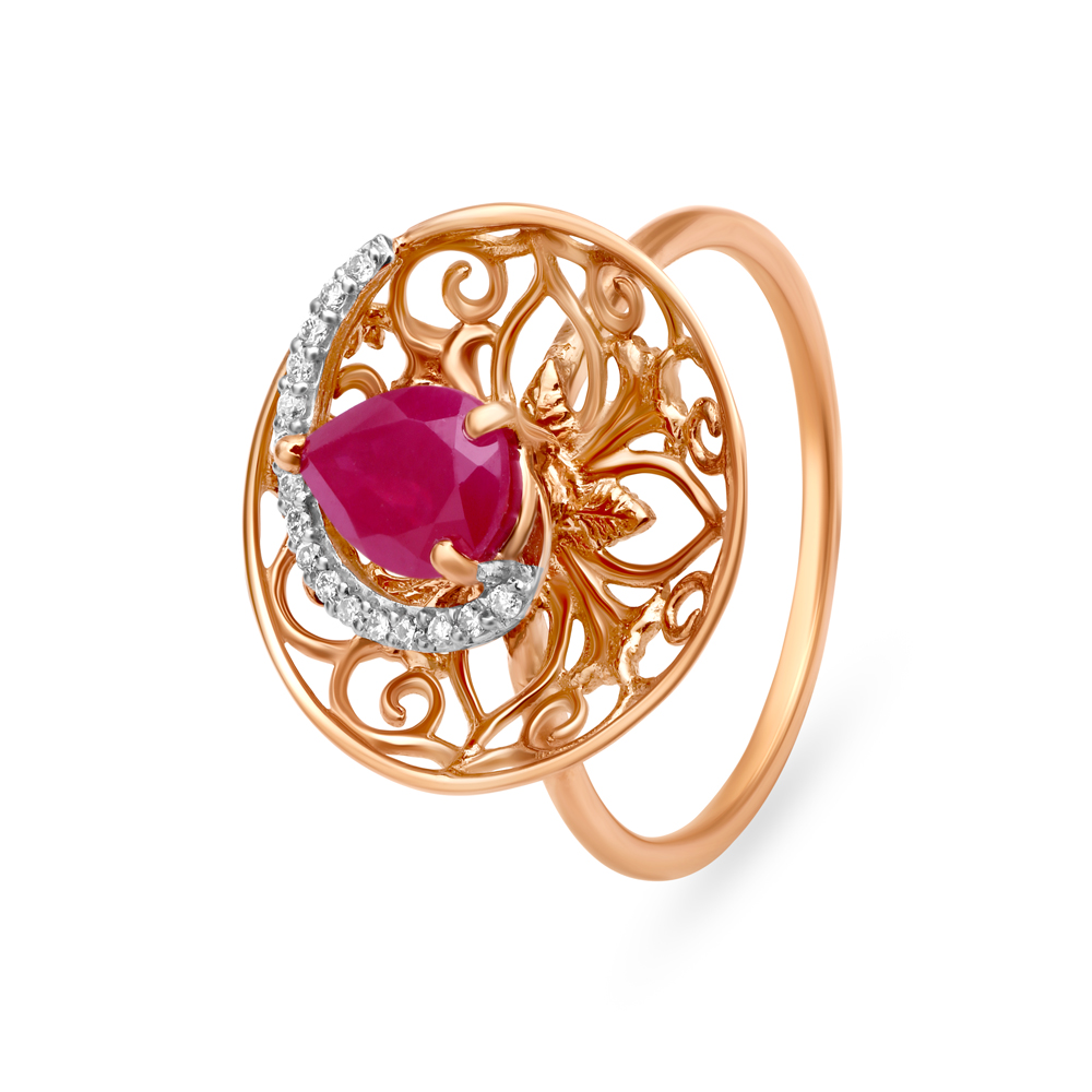 Scintillating 18 Karat Rose Gold And Ruby And Diamond Teardrop Ring