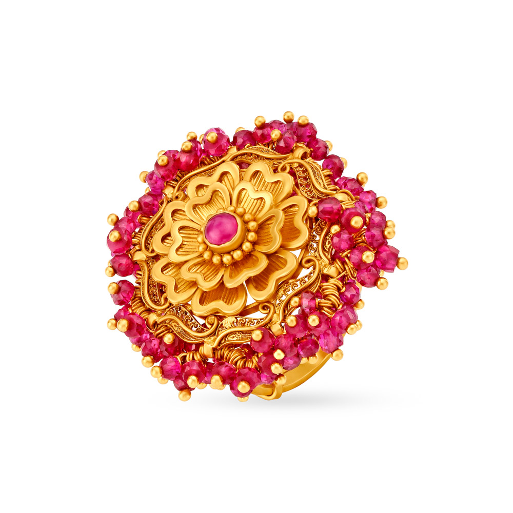 Floral Gold and Magenta Stone Finger Ring
