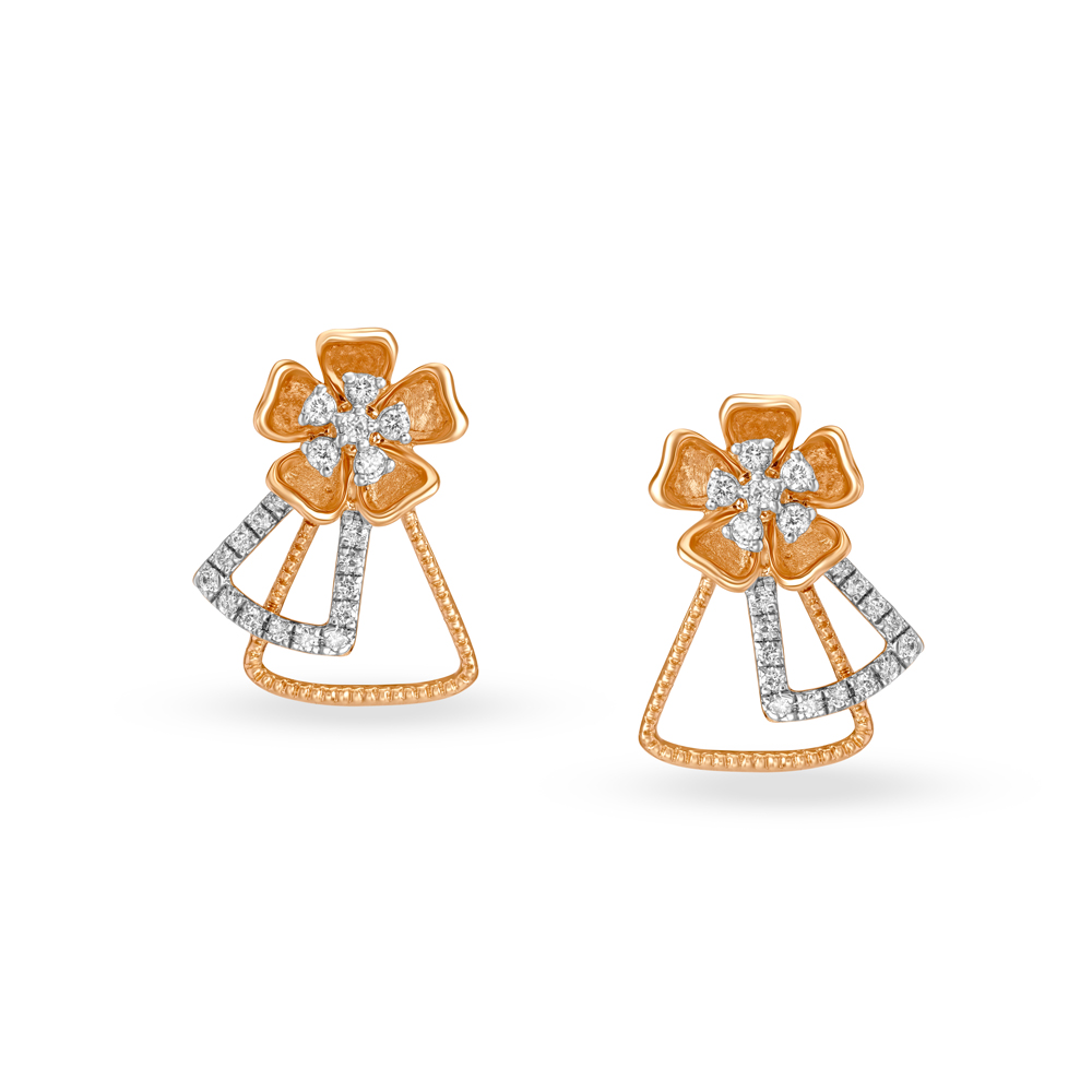 Eccentric Floral Rose Gold and Diamond Stud Earrings