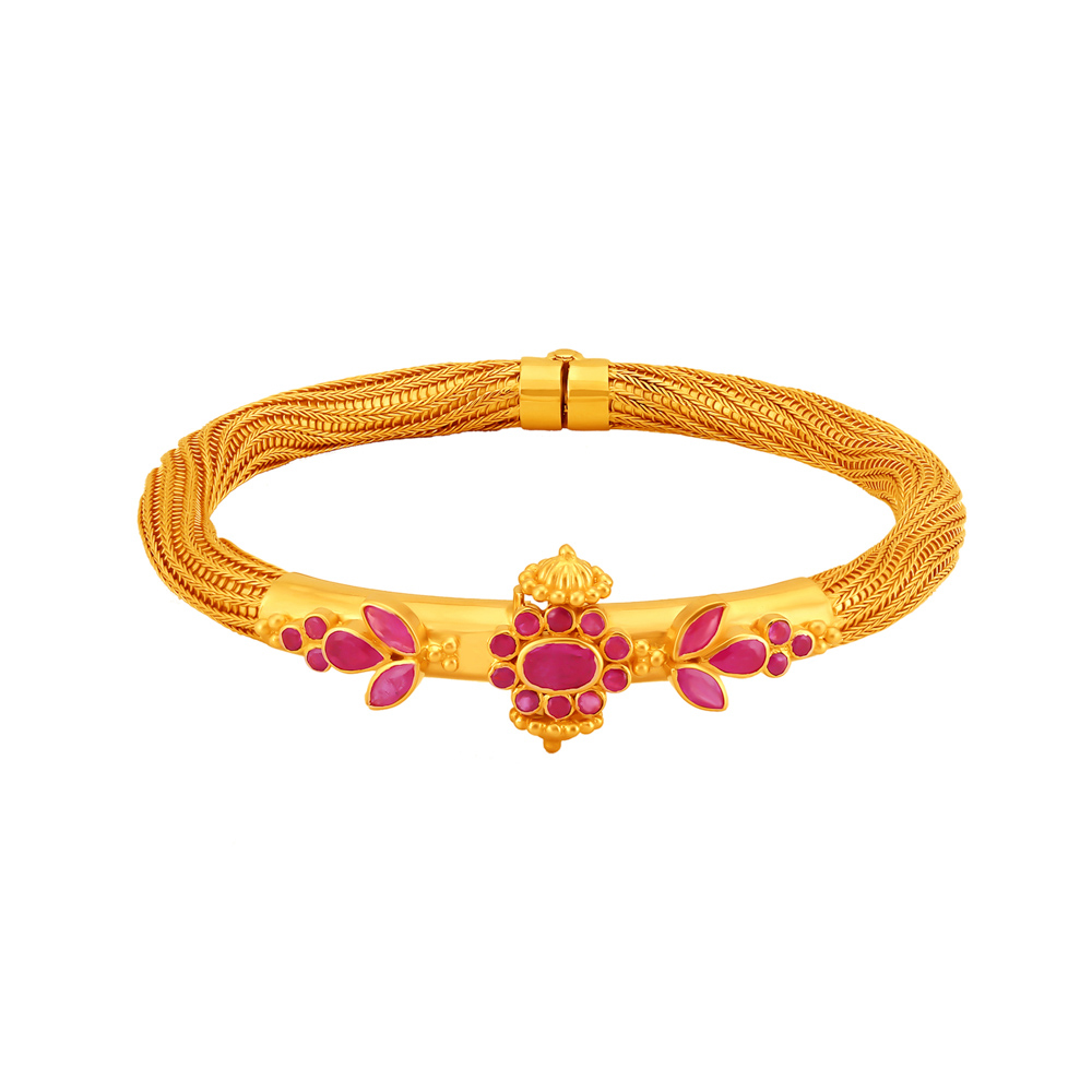 Traditional Ruby Gold Bangle With Leaf Motif