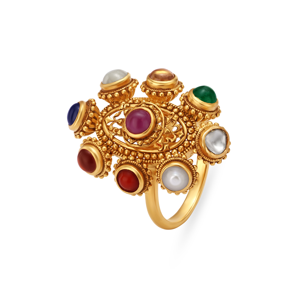 Floral Navaratna Gold Ring