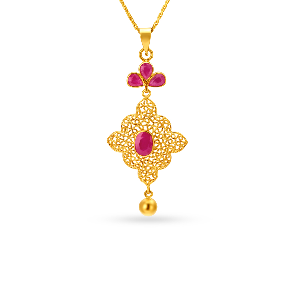 Fancy Floral Jali Work Ruby Gold Pendant