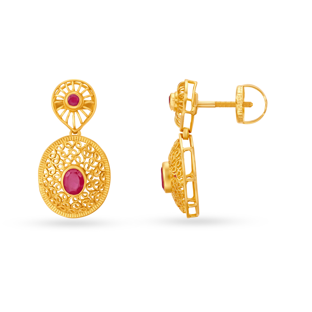 Conspicuous Ruby Gold Drop Earrings With Jali Work