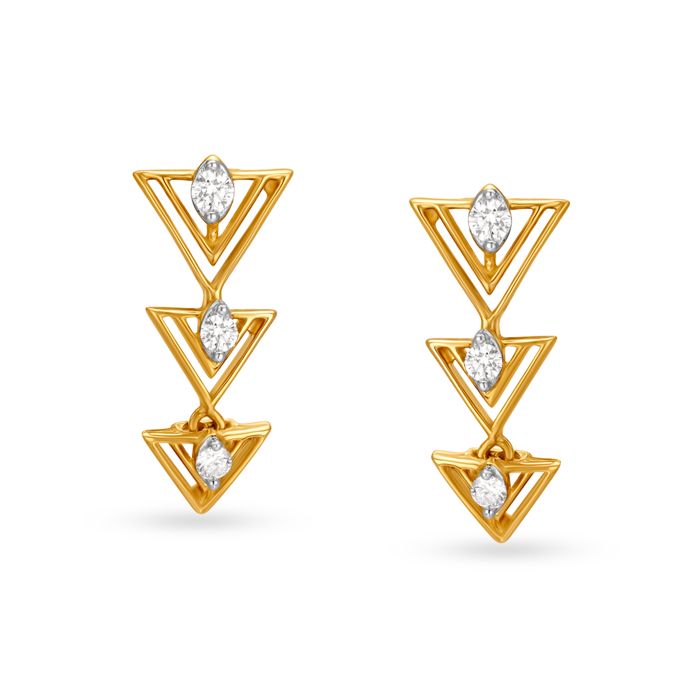 Triangular Layered Gold and Diamond Drop Earrings