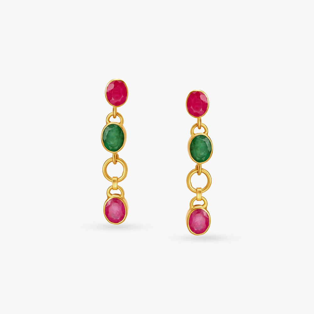 Golden Ruby and Emerald Cascade Pendant with Chain and Earrings Set