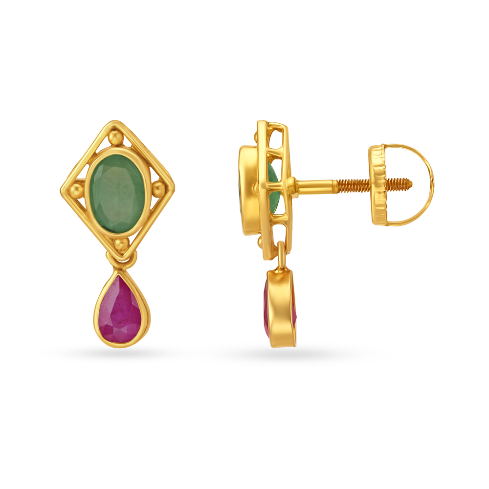 Resplendent Emerald And Ruby Gold Drop Earrings