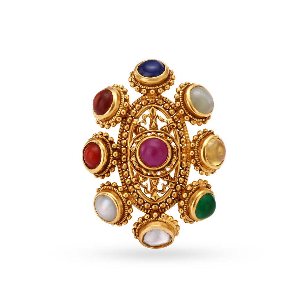 Floral Navaratna Gold Ring